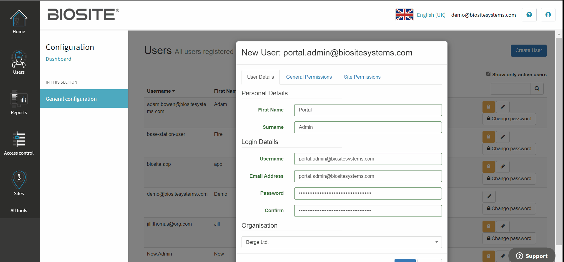 Configuration - Users - create a new portal admin account – Biosite Systems
